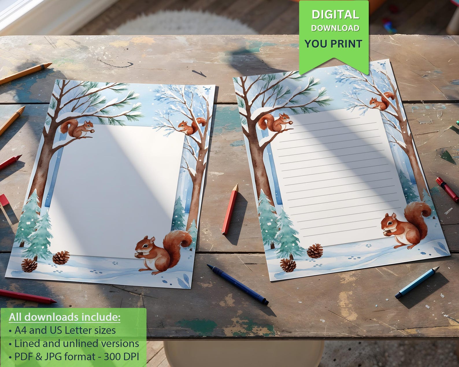 Winter Squirrel Digital Writing Paper - A4 US Letter Printable ...