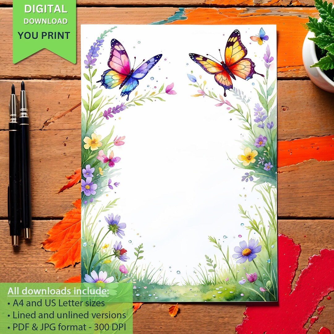 Butterfly Printable Stationery, Floral Letter Paper, Watercolor ...