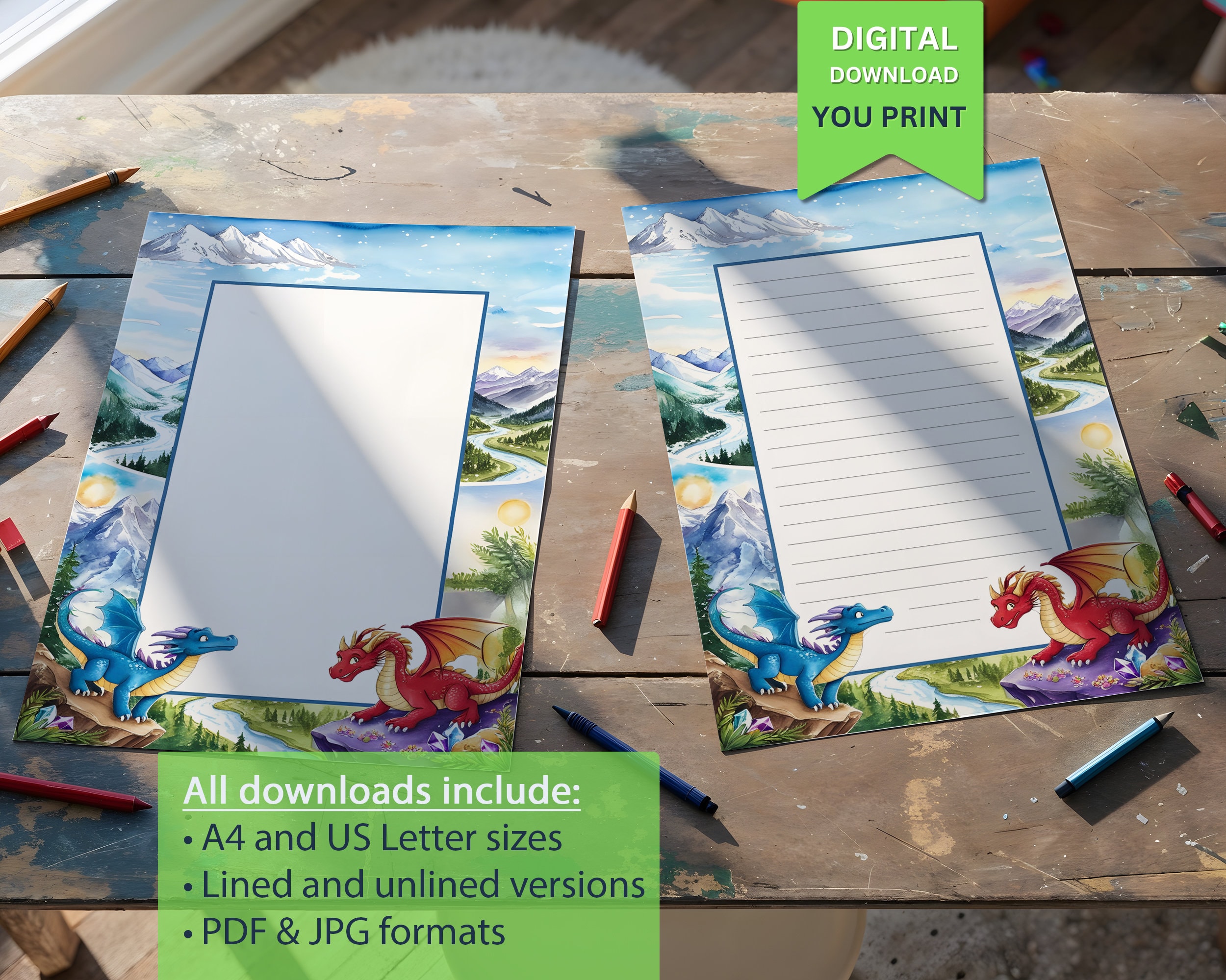 Printable Dragon Adventure Writing Paper for Kids – Fantasy Stationery ...