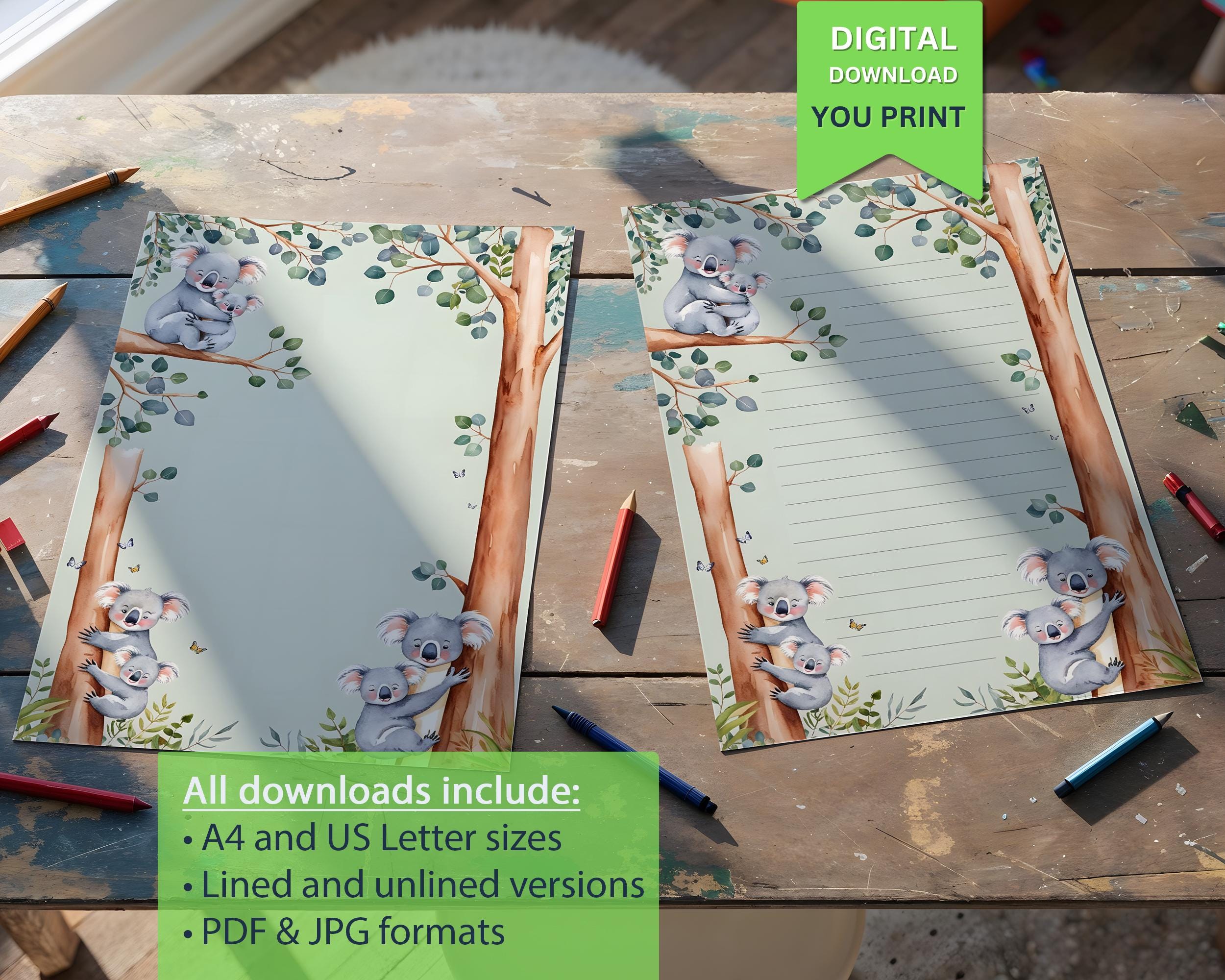 Printable Koala-themed Lined Writing Paper for Kids | Cute Animal ...