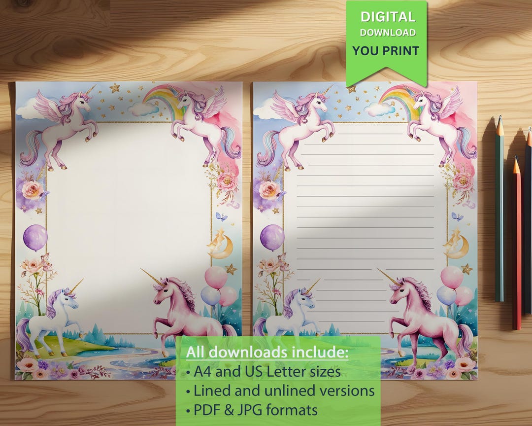 Printable Unicorn Writing Paper for Kids – Magical Pegasus and Rainbow ...