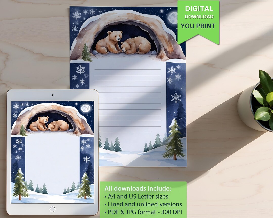 Winter Bears Digital Paper With Snowy Forest Scene | Cozy Writing Paper ...
