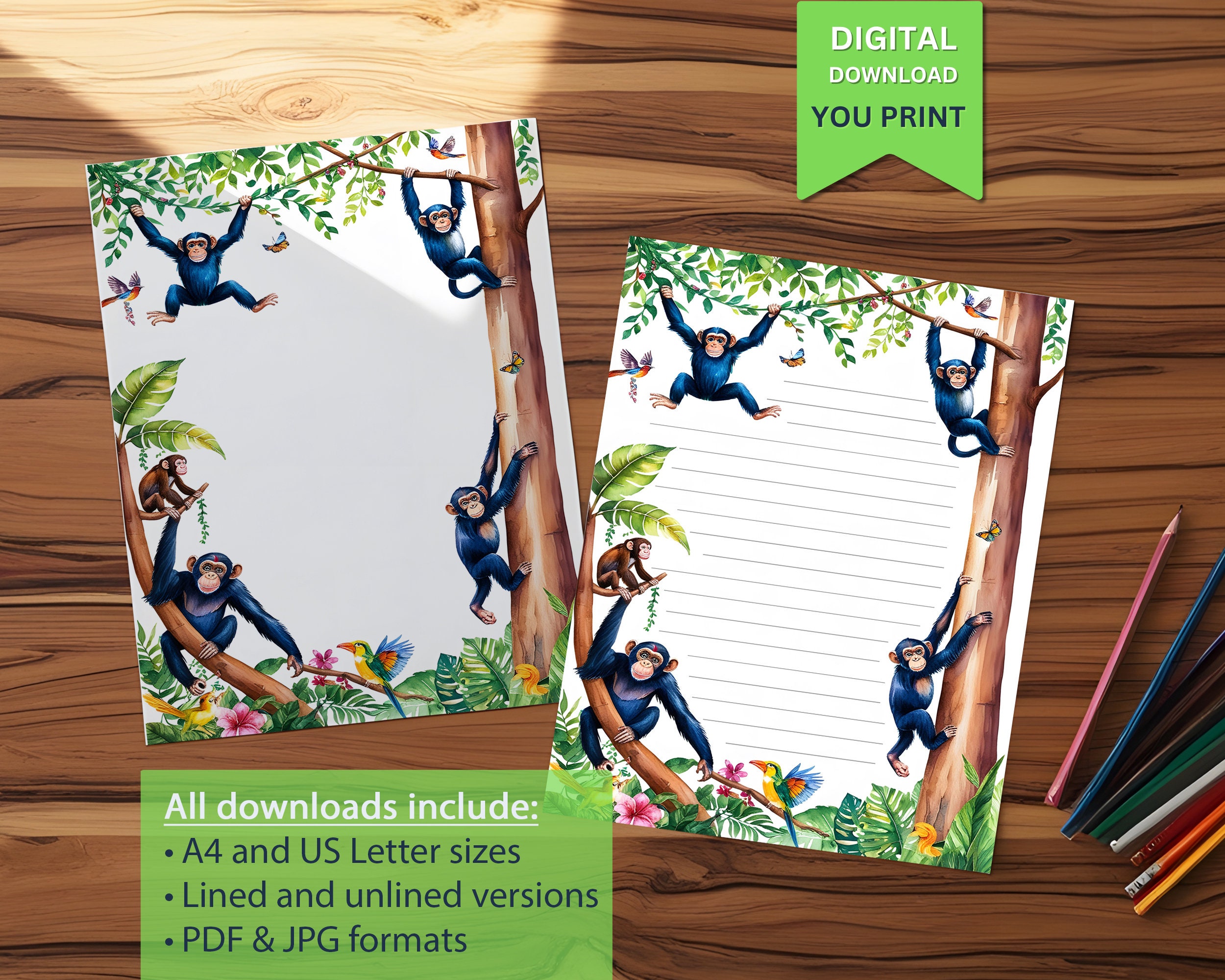Jungle-themed Writing Paper for Kids – Printable Monkey Stationery With ...