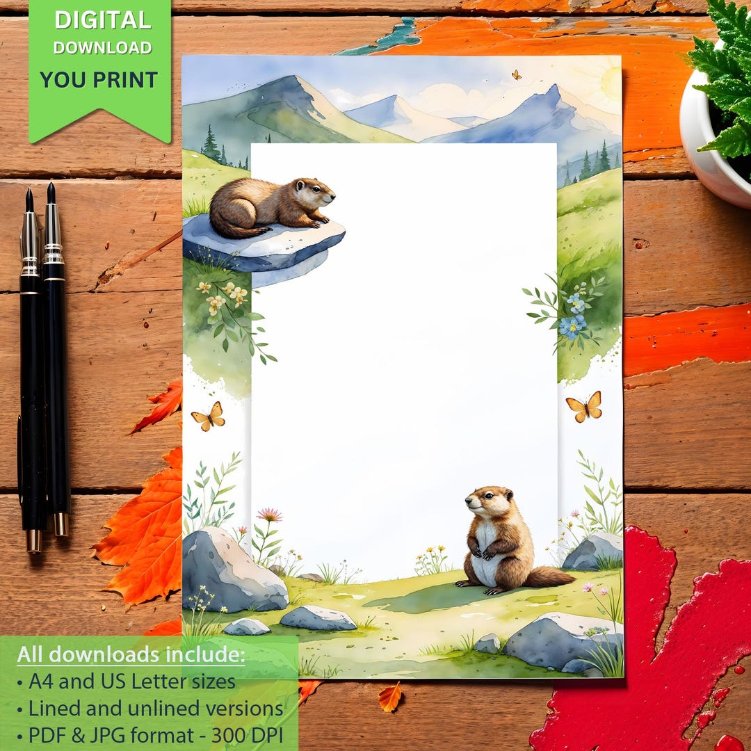 Marmot Printable Stationery, Mountain Wildlife Letter Paper, Cute ...