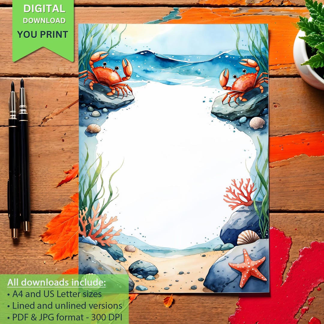 Printable Kids Writing Paper With Crabs and Ocean Theme, Underwater ...