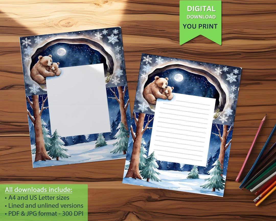 Winter Bears Digital Paper Cozy Moonlit Forest Writing Paper for Kids ...