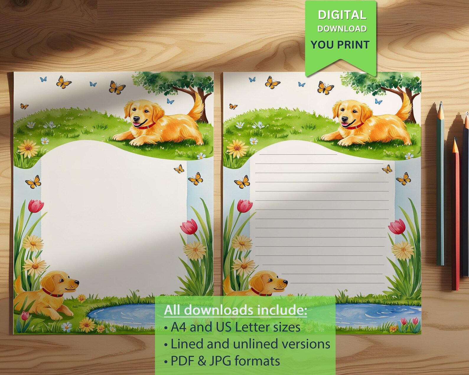 Printable Golden Retriever-themed Writing Paper for Kids – Cute Dog ...