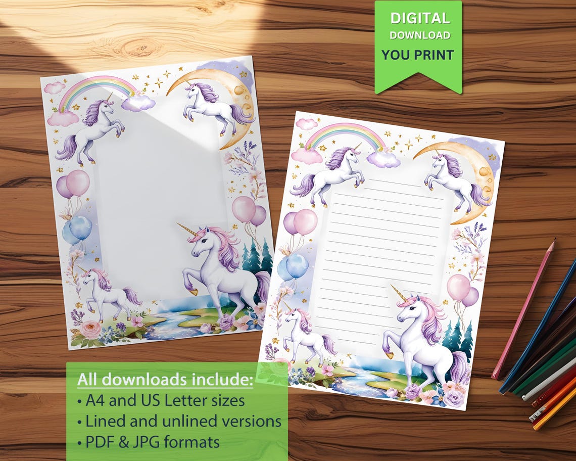 Printable Unicorn Stationery for Kids – Rainbow, Moon, and Balloon ...