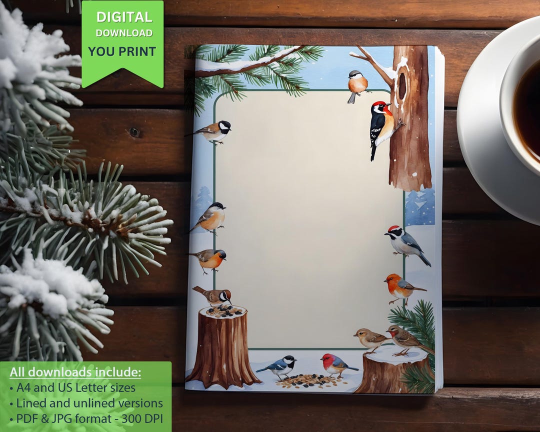 Winter Birds Writing Paper - A4 US Letter Printable Stationery - Snowy ...