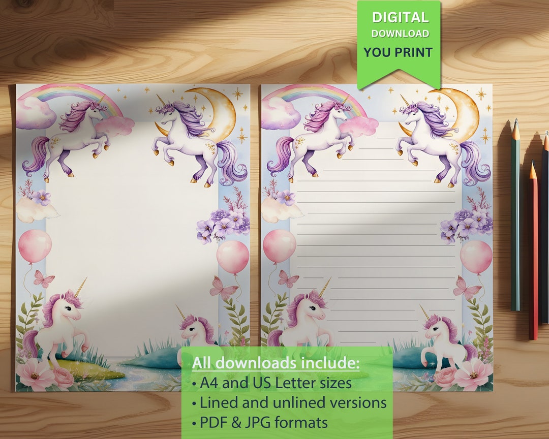 Printable Unicorn Writing Paper for Kids Rainbow, Moon, and Butterfly ...