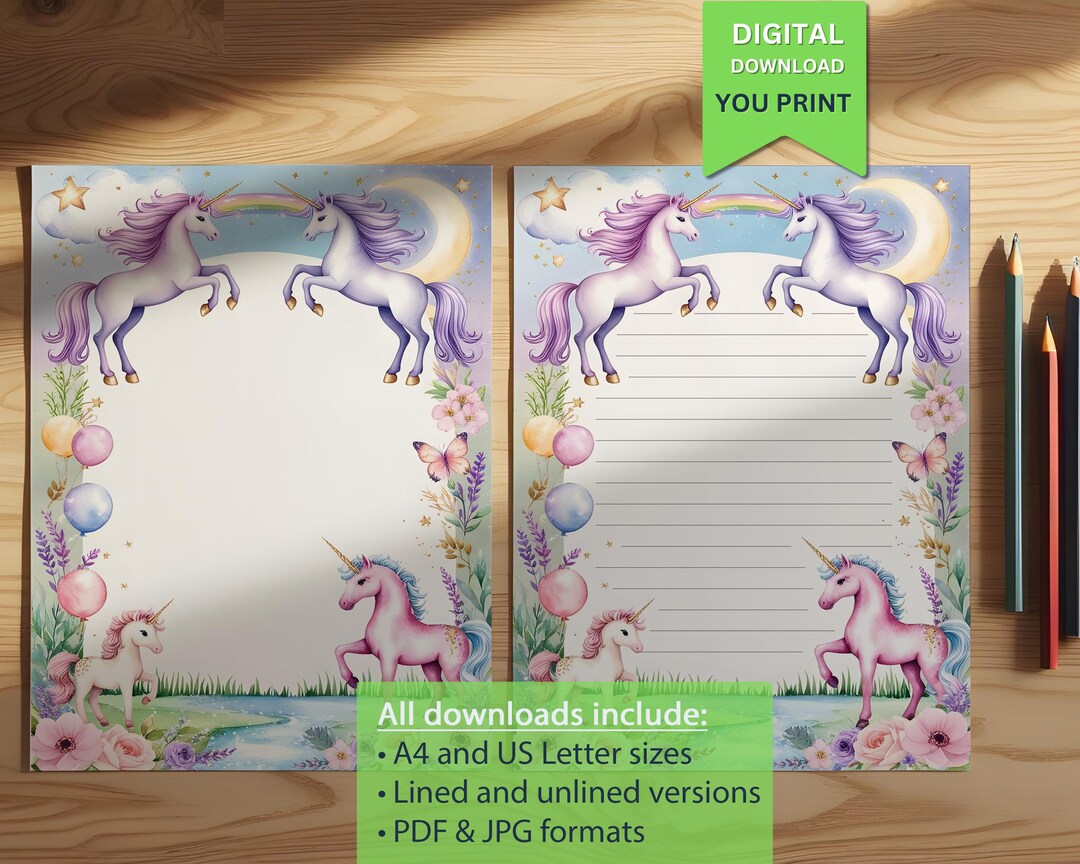 Unicorn-themed Printable Writing Paper for Kids Rainbow & Floral ...