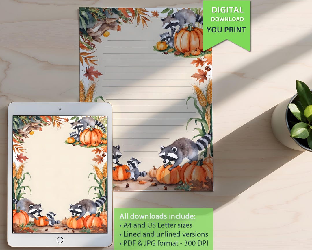 Autumn Raccoon Letterhead | Pumpkins, Corn & Fall Leaves Stationery for ...