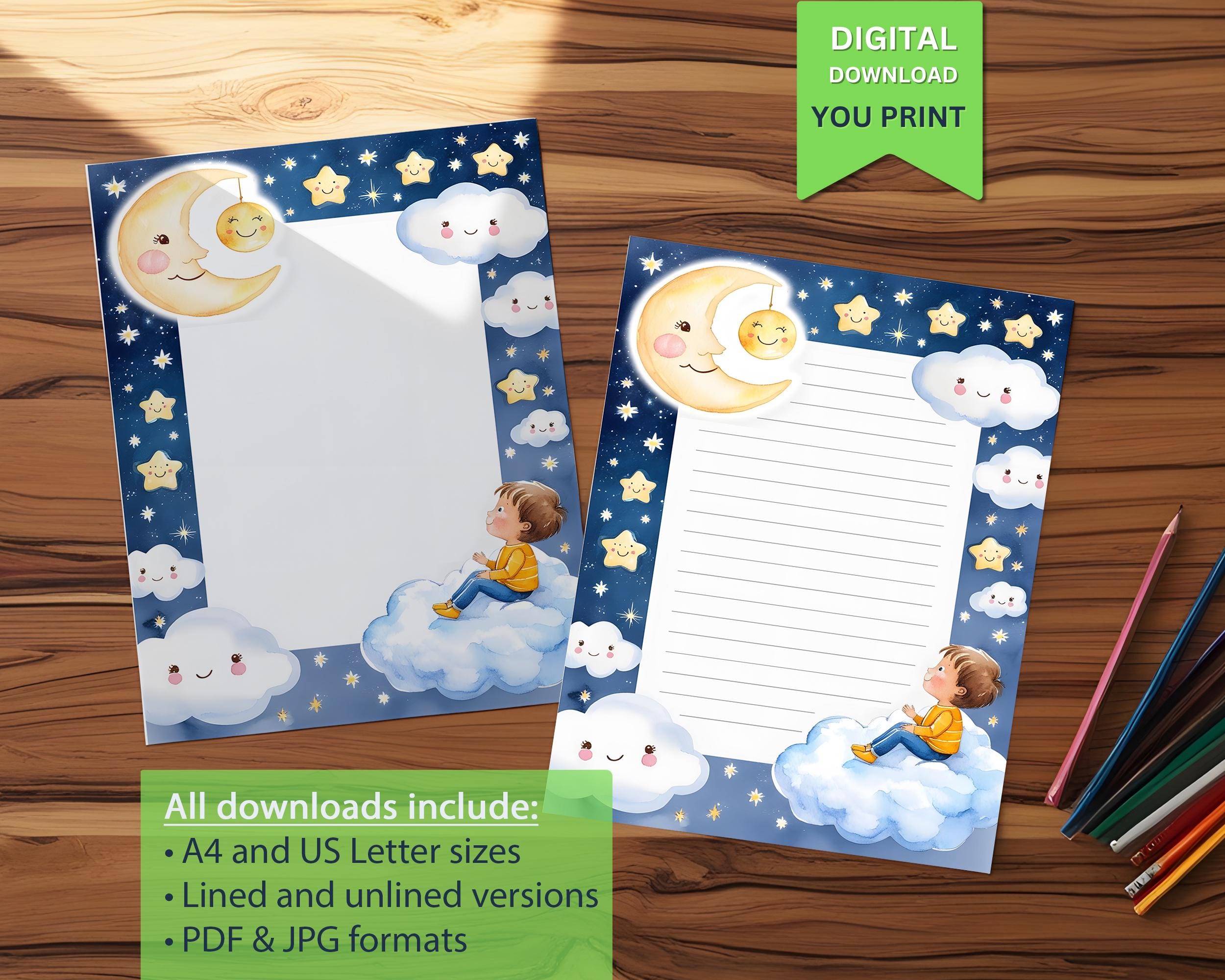 Printable Moon and Stars Writing Paper for Kids Dreamy Cloud Design for ...