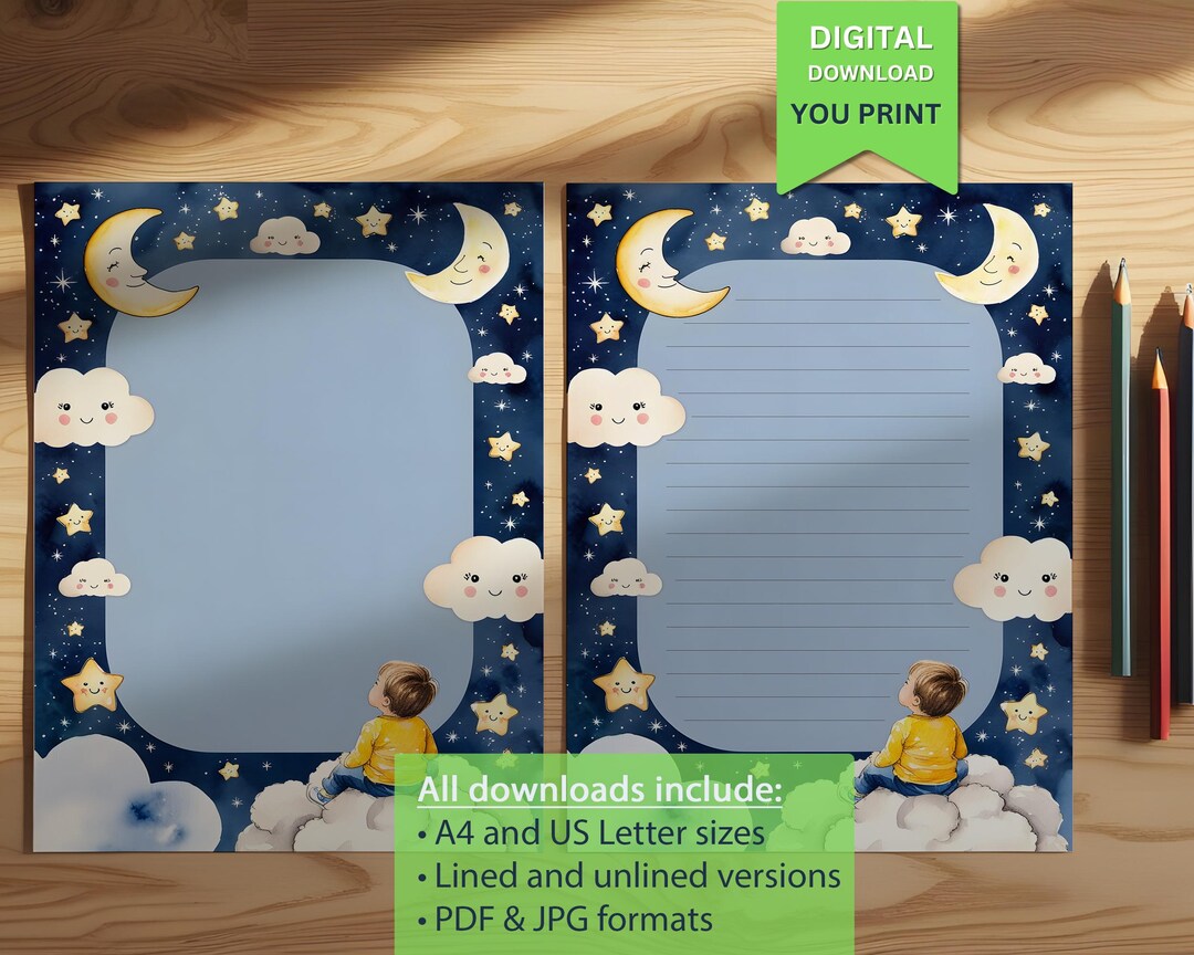 Printable Cute Moon and Stars Stationery for Kids | Adorable Cloud ...