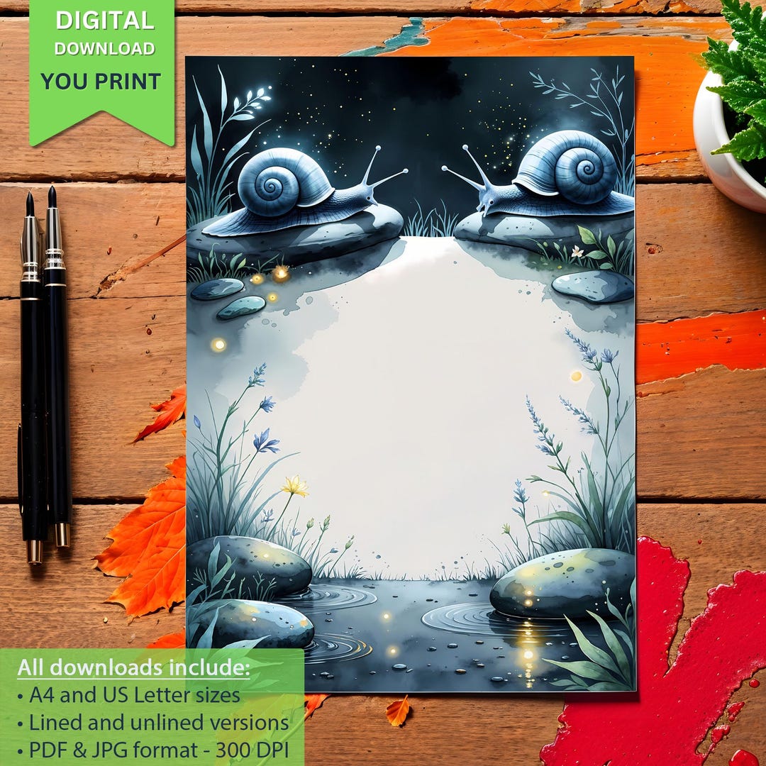 Printable Kids Writing Paper With Snails and Fireflies, Magical Night ...