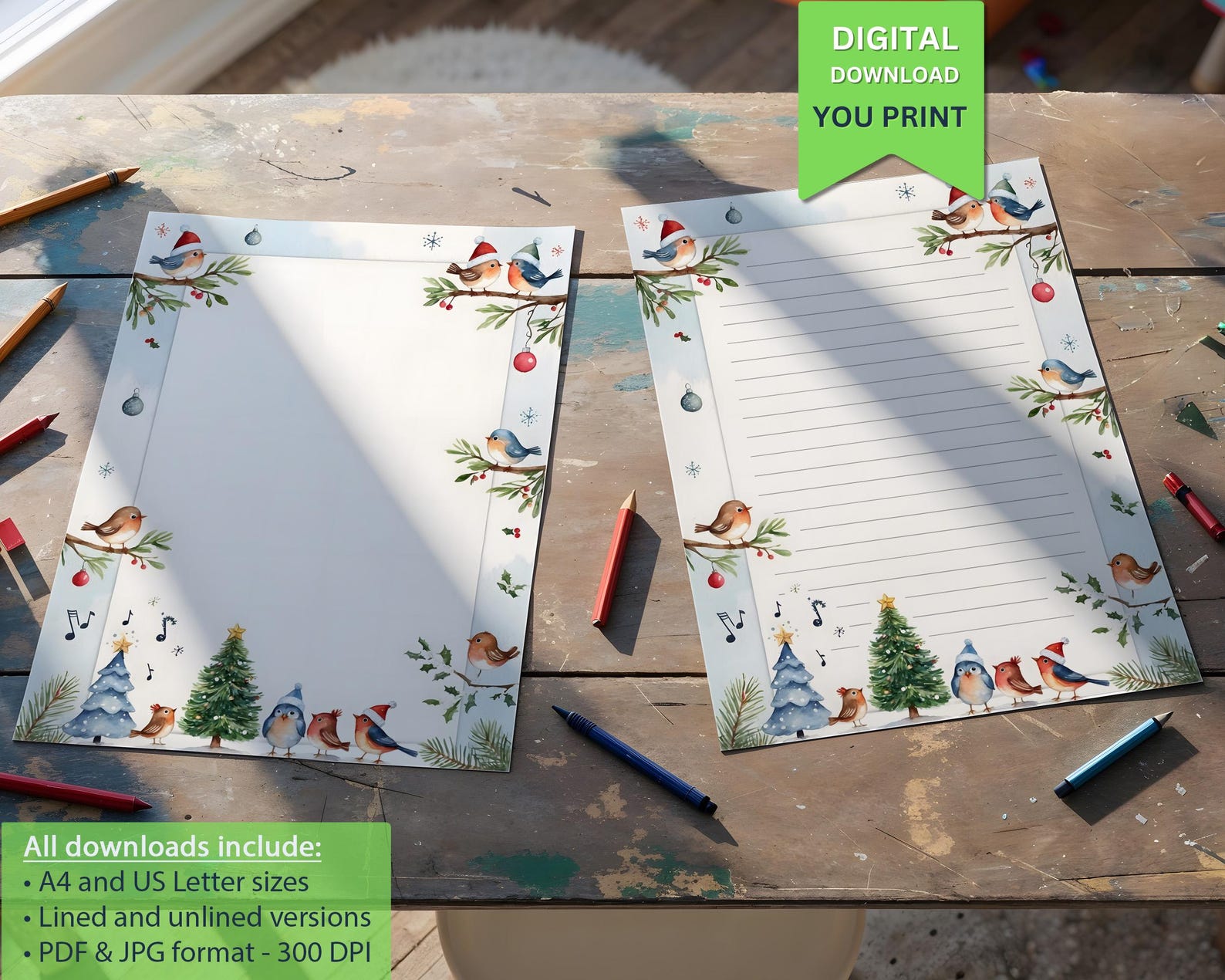 Christmas Writing Paper With Festive Birds and Holiday Decorations – A4 ...