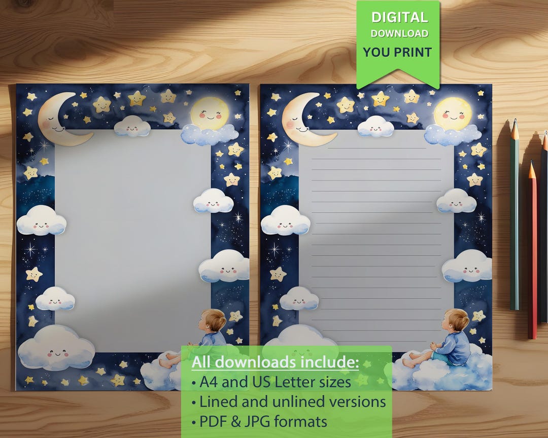 Printable Moon and Cloud Stationery for Kids | Starry Night Sky Letter ...