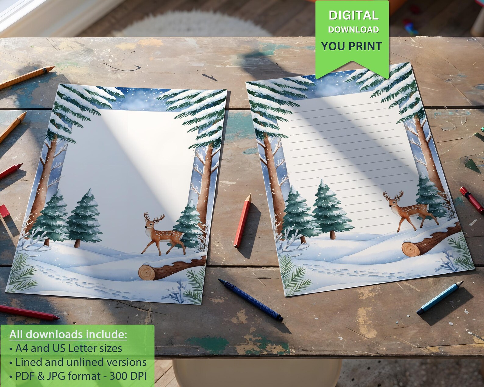 Winter Forest Deer Writing Paper A4 US Letter Printable Stationery ...