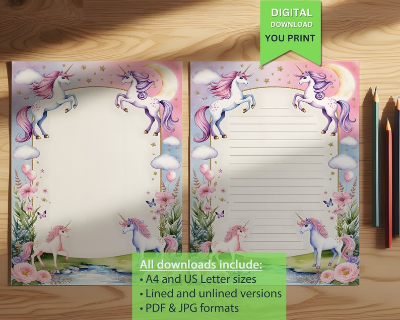 Printable Unicorn Writing Paper for Kids – Moon, Stars, and Floral ...
