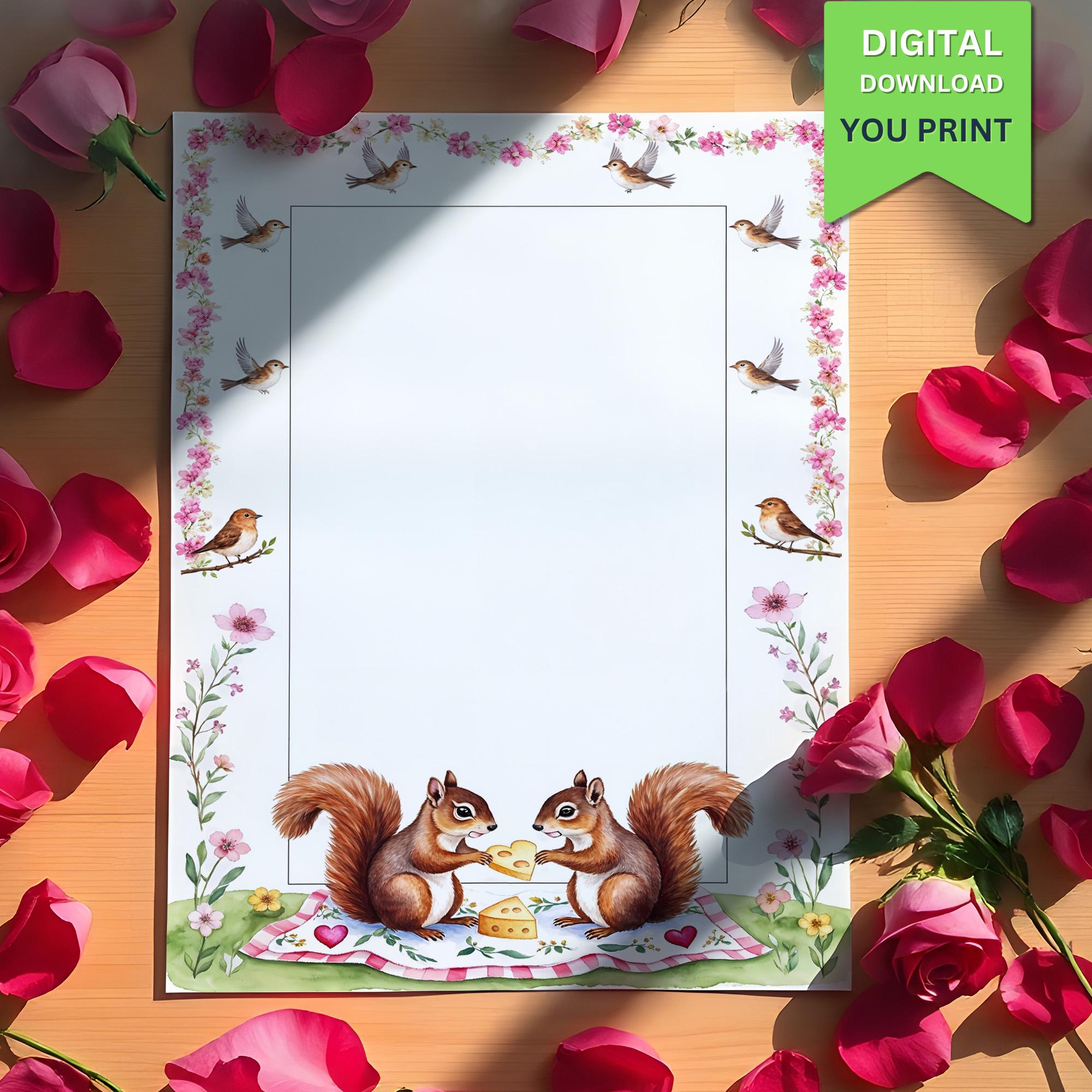 Printable Kids Writing Paper With Cute Squirrels and Birds, Floral ...