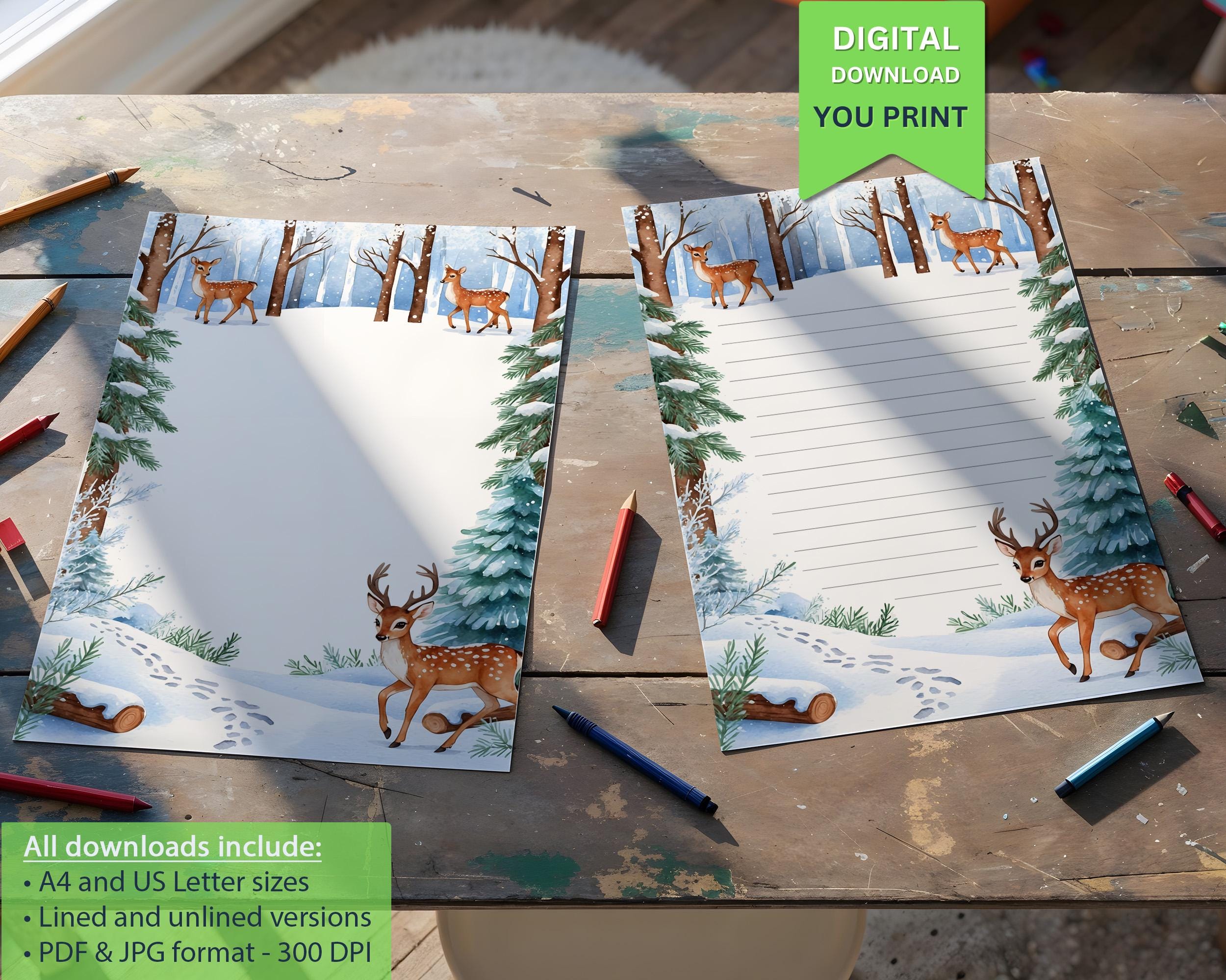 Winter Woodland Deer Writing Paper - A4 US Letter Printable Stationery ...