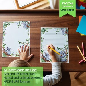 Koala-themed Printable Lined Paper for Kids | Fun Animal Stationery for ...