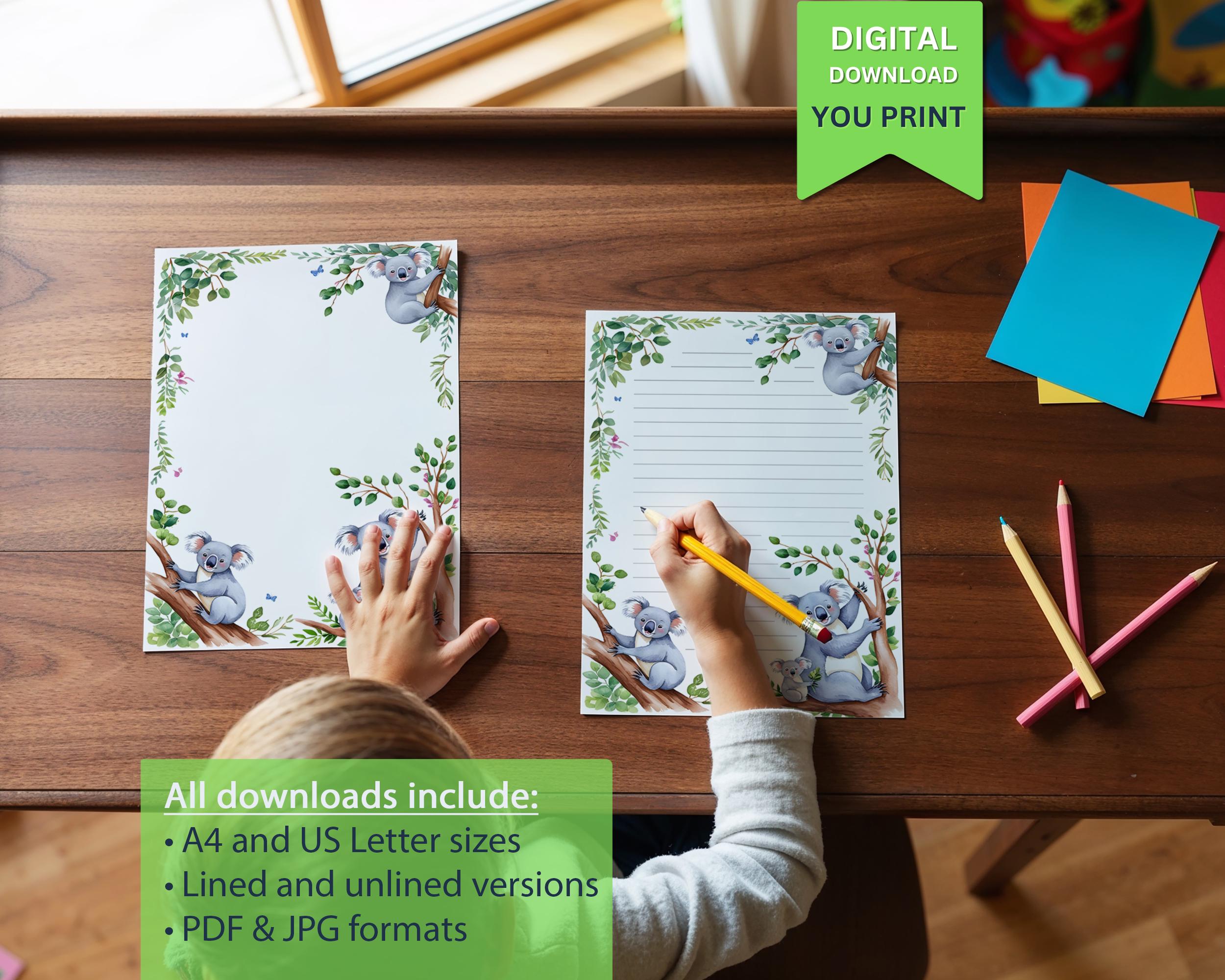 Koala-themed Printable Lined Paper for Kids | Fun Animal Stationery for ...