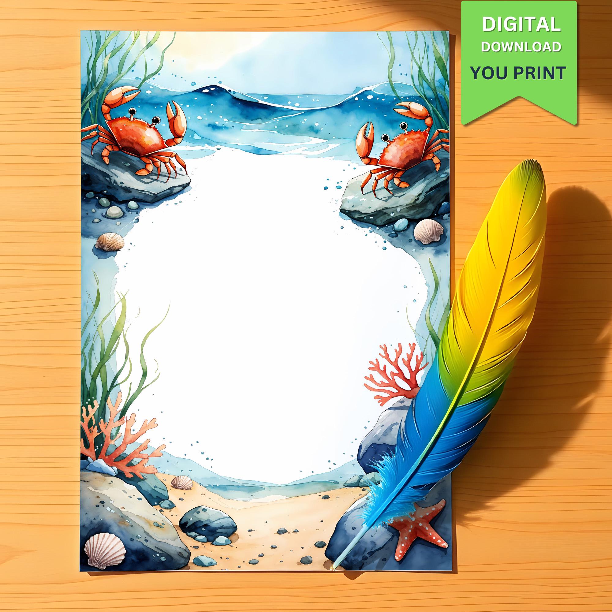 Printable Kids Writing Paper With Crabs and Ocean Theme, Underwater ...