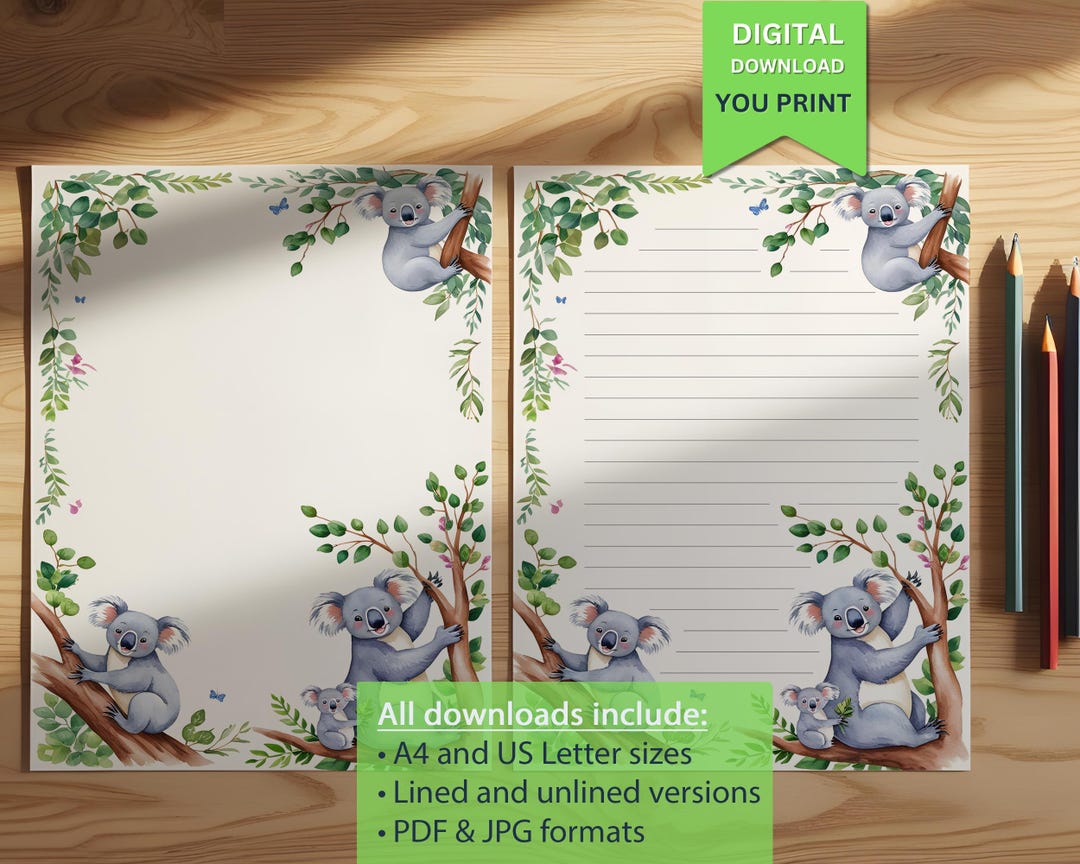 Koala-themed Printable Lined Paper for Kids | Fun Animal Stationery for ...