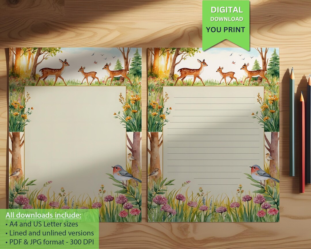 Enchanted Forest Deer-themed Writing Paper A4 US Letter PDF Woodland ...