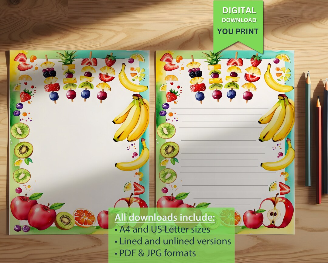 Colorful Fruit-themed Printable Writing Paper for Kids Fun and Vibrant ...