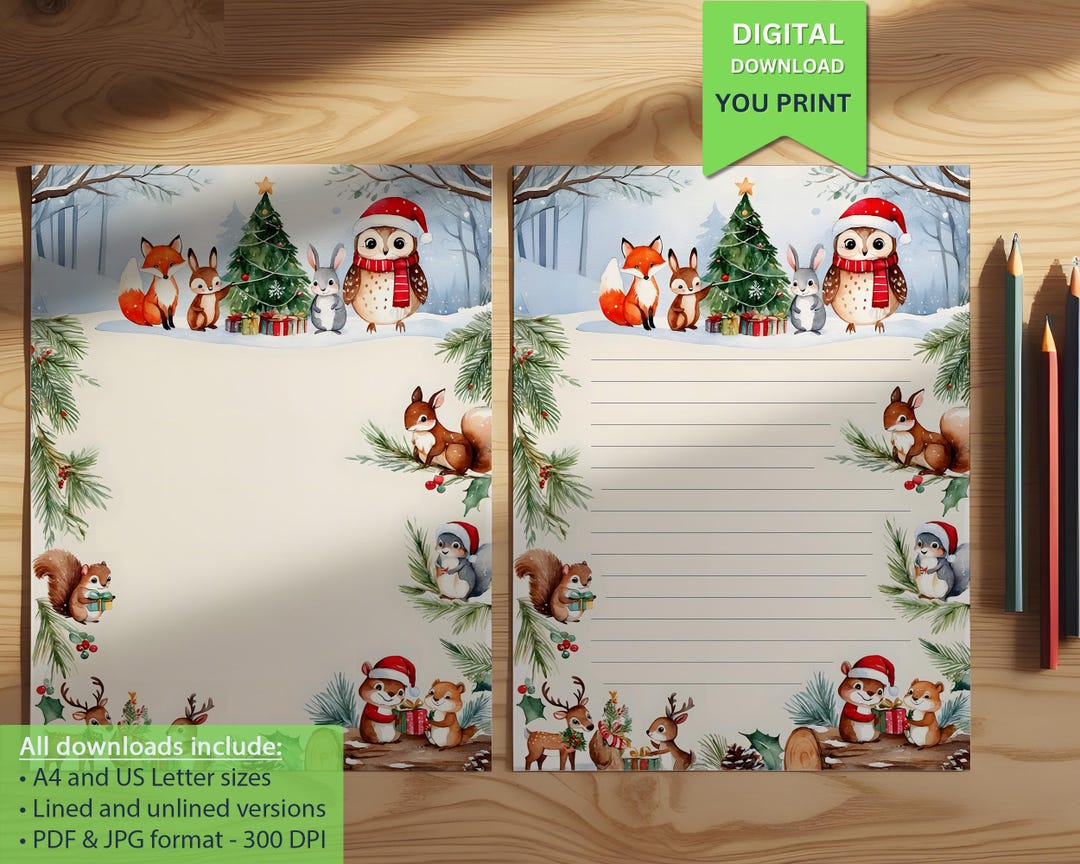 Woodland Christmas Writing Paper With Cute Forest Animals and Festive ...