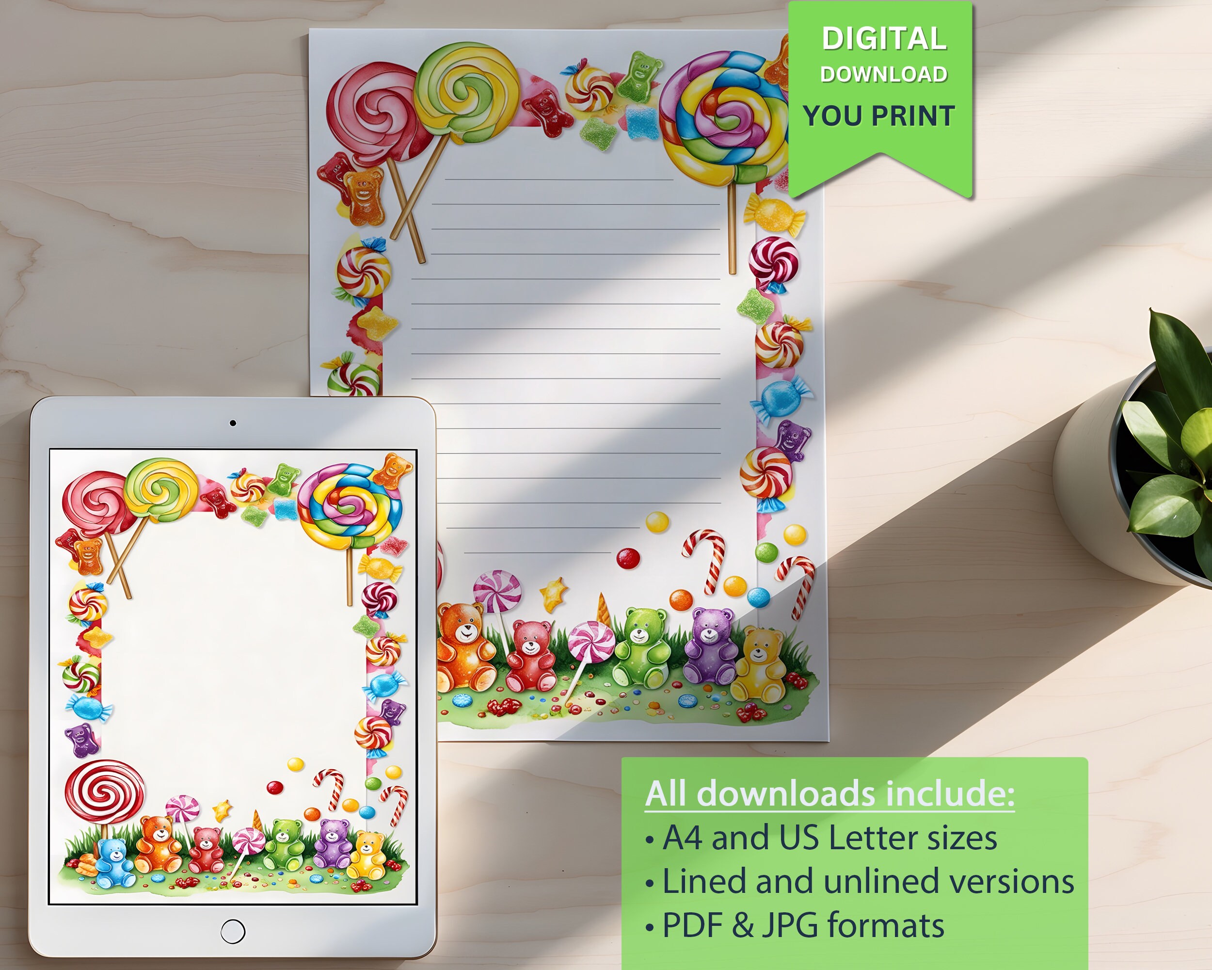 Colorful Candy-themed Printable Writing Paper for Kids With Gummy Bears ...