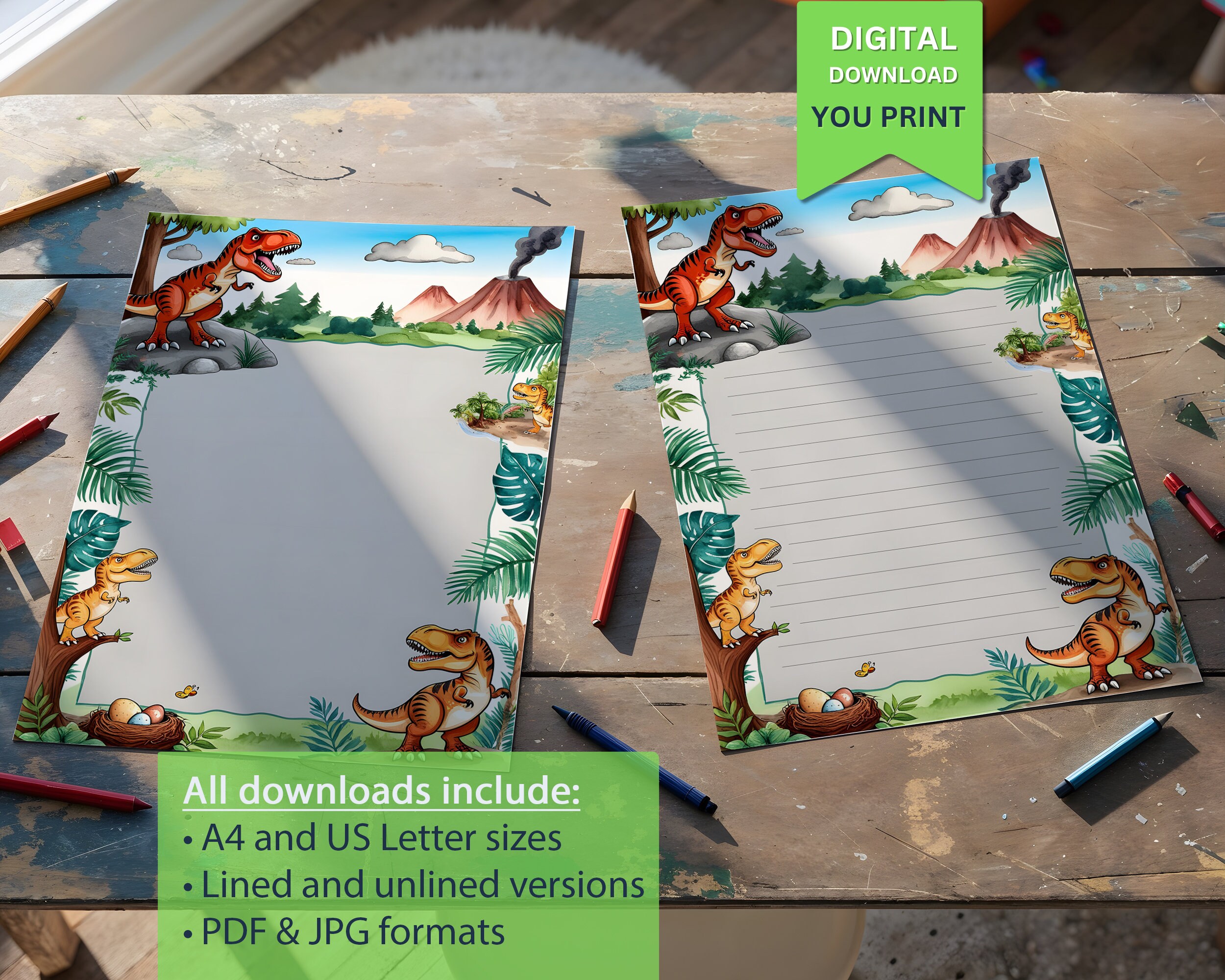 T-rex Adventure Writing Paper for Kids – Printable Dinosaur-themed ...