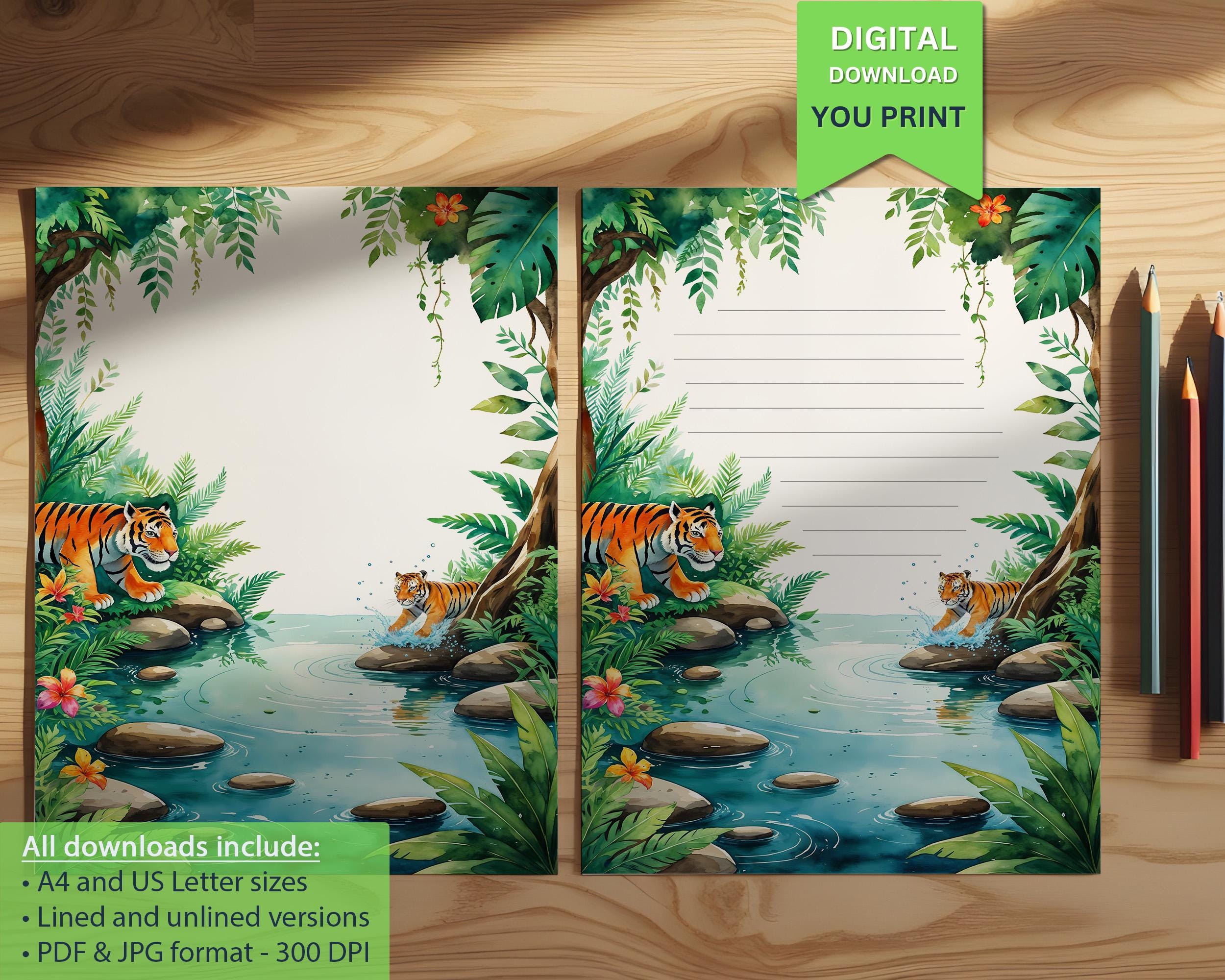 Printable Kids Writing Paper With Cute Tigers, Jungle Adventure Theme ...