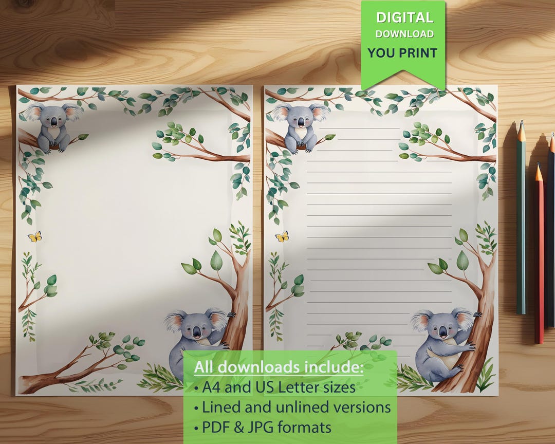 Printable Lined Paper - Koala-themed Stationery for Kids | Cute Animal ...