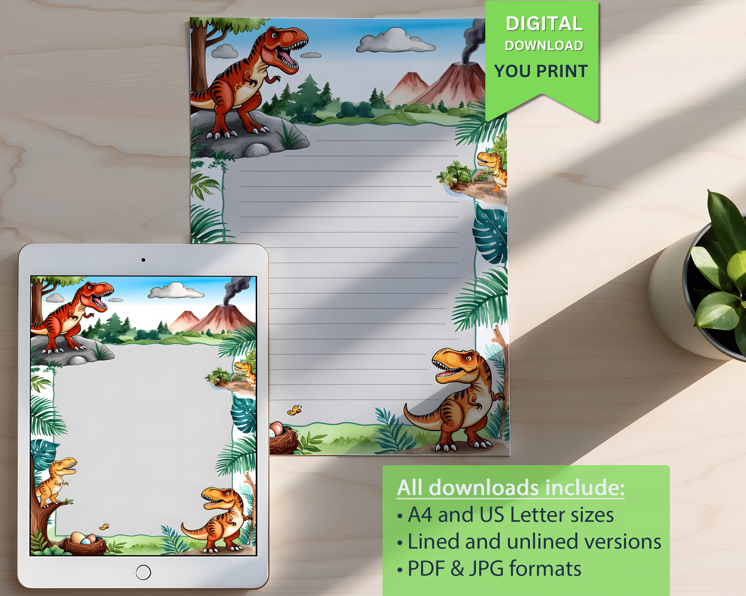 T-rex Adventure Writing Paper for Kids – Printable Dinosaur-themed ...