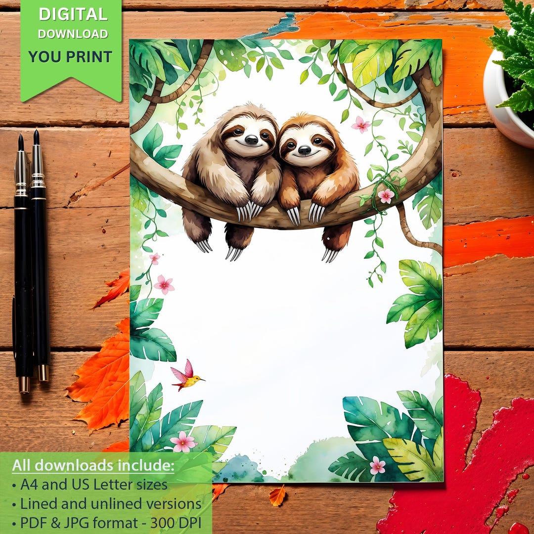 Sloth Writing Paper: Tropical Jungle Stationery for Kids (PDF Download ...
