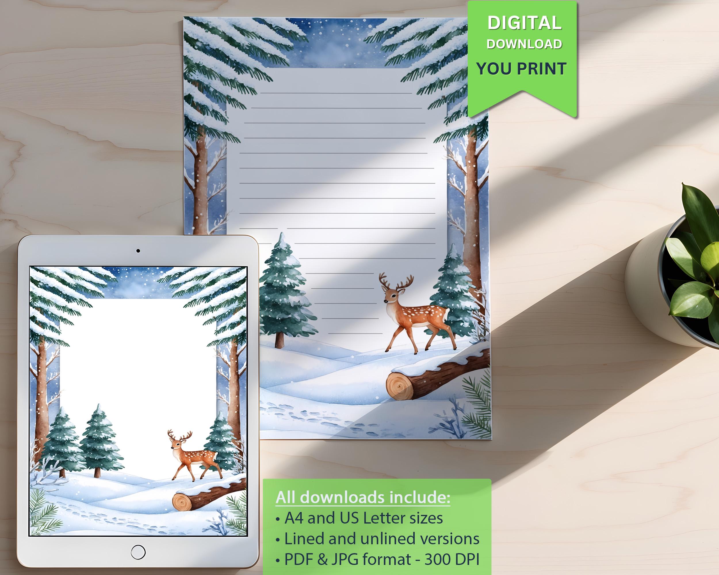 Winter Forest Deer Writing Paper A4 US Letter Printable Stationery ...