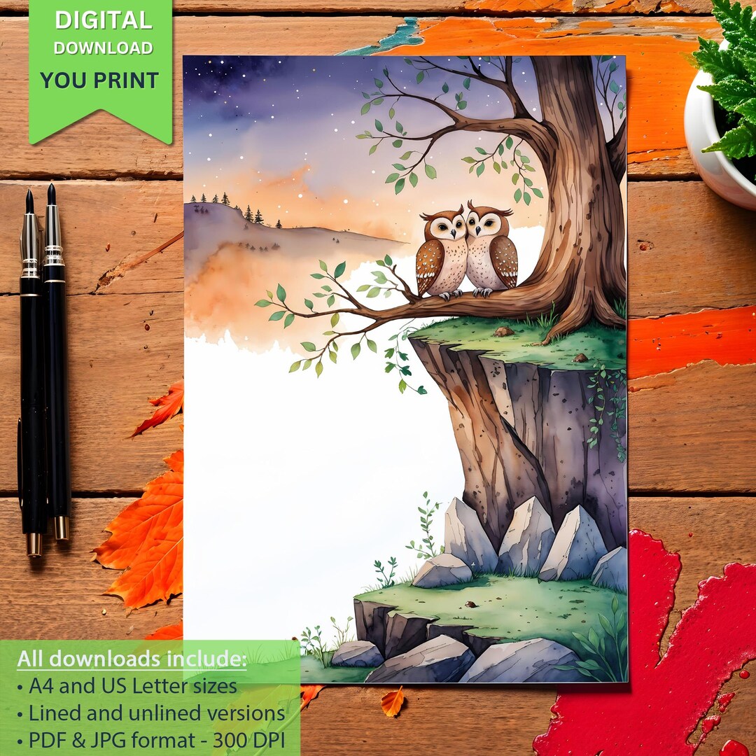 Watercolor Owl Stationery: Night Sky Writing Paper (digital Download ...