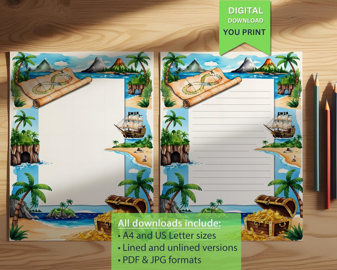 Printable Pirate-themed Treasure Map Writing Paper for Kids, Fun Island ...