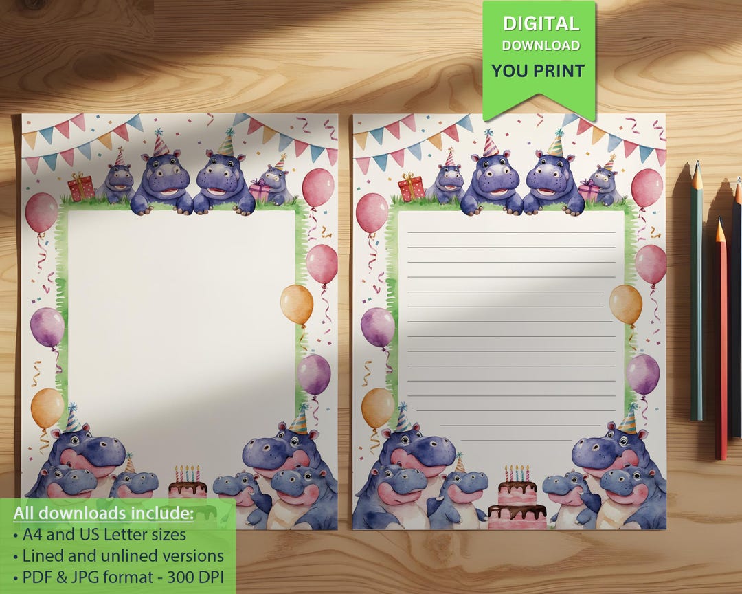 Hippo-themed Party Printable - Adorable Hippos With Balloons & Cake ...