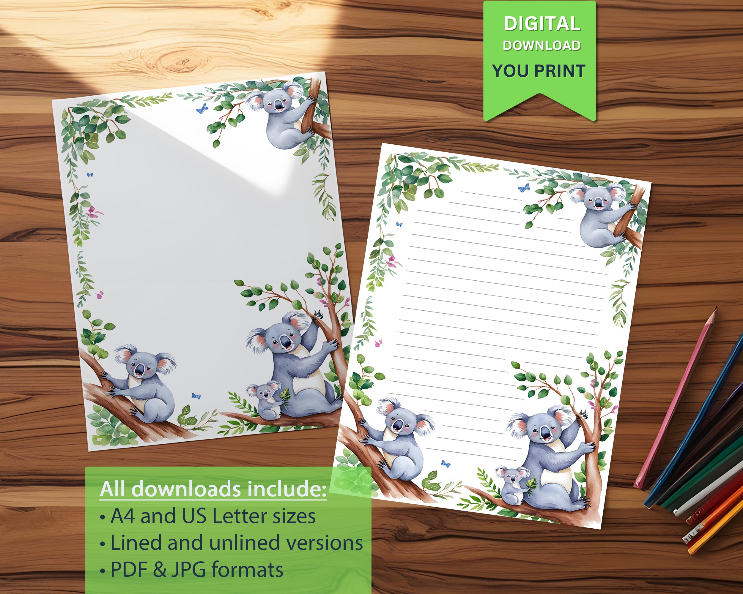 Koala-themed Printable Lined Paper for Kids | Fun Animal Stationery for ...
