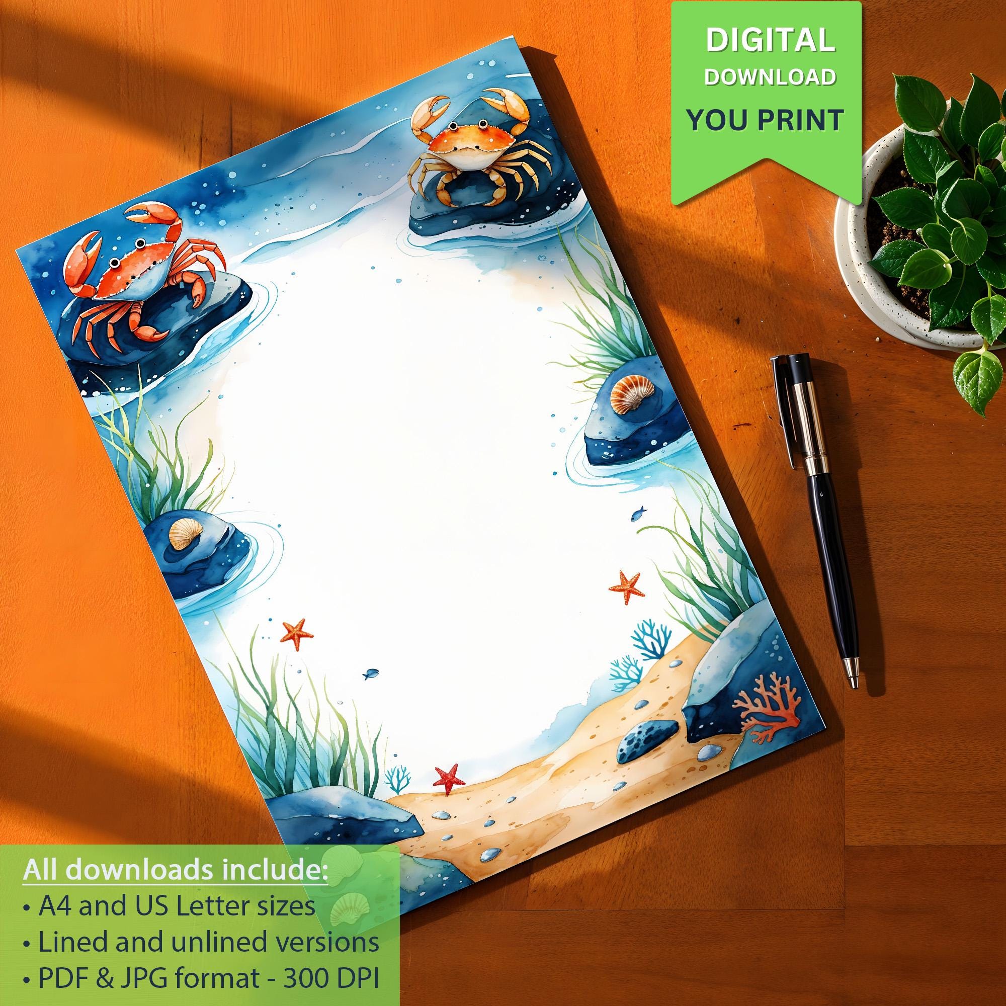 Underwater Crab Stationery: Ocean Beach Letter Paper (digital Download ...