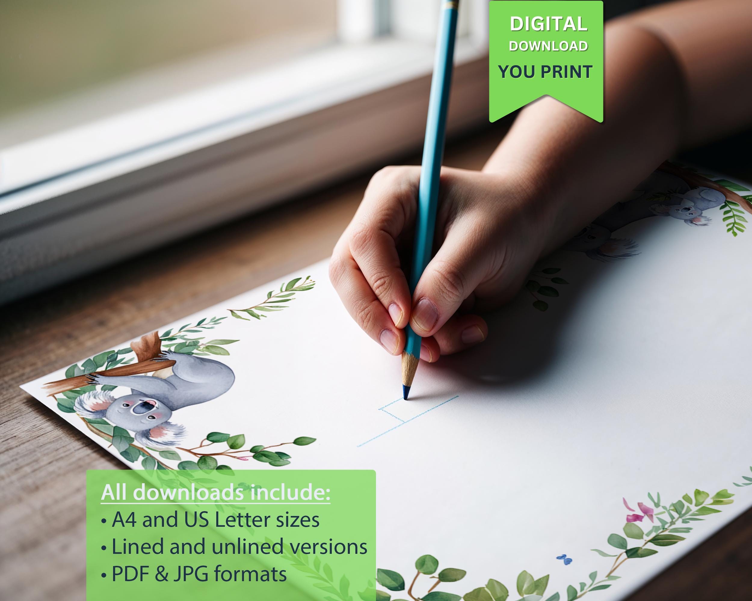 Koala-themed Printable Lined Paper for Kids Fun Animal Stationery for ...