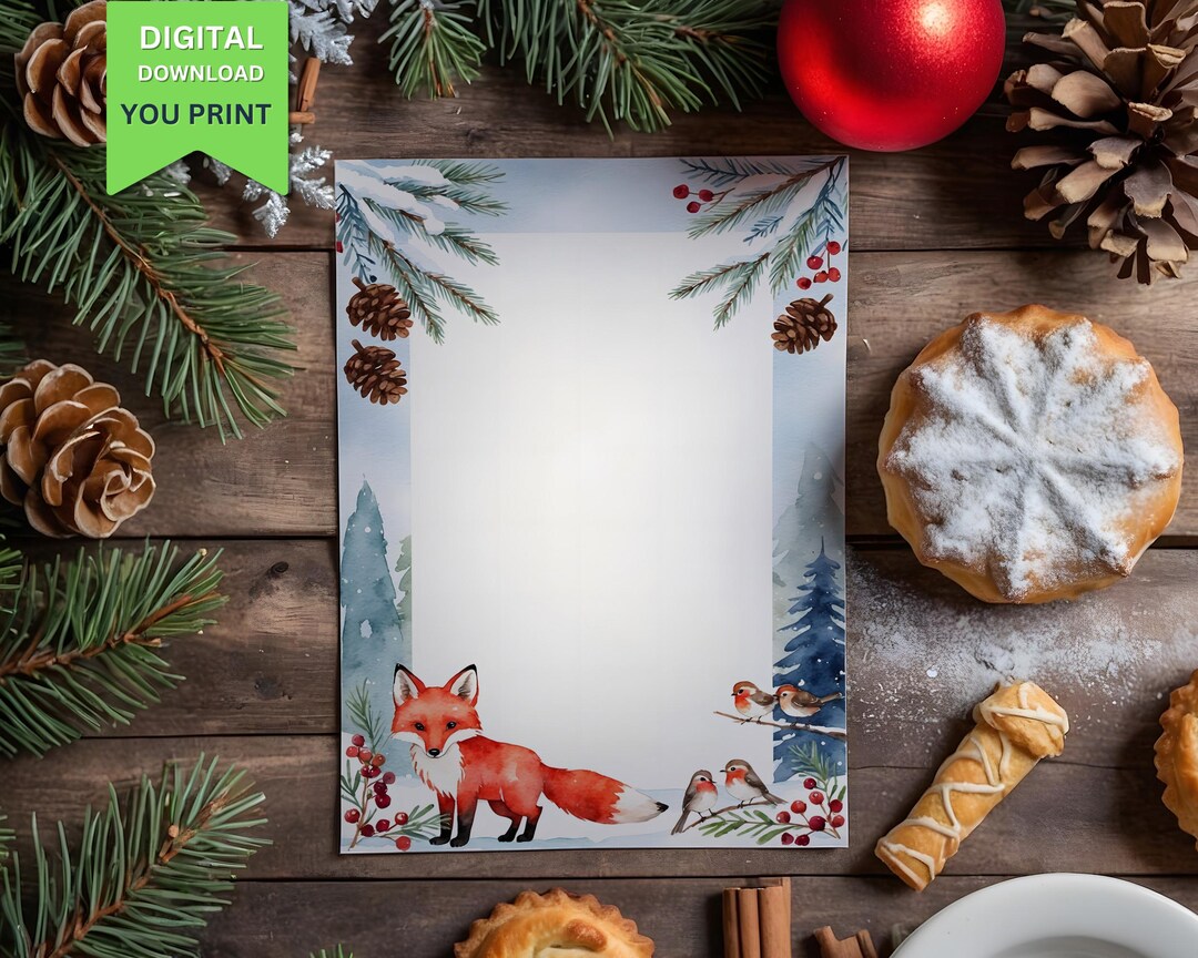 Winter Fox and Birds Letterhead | Snowy Pine & Berry Printable ...
