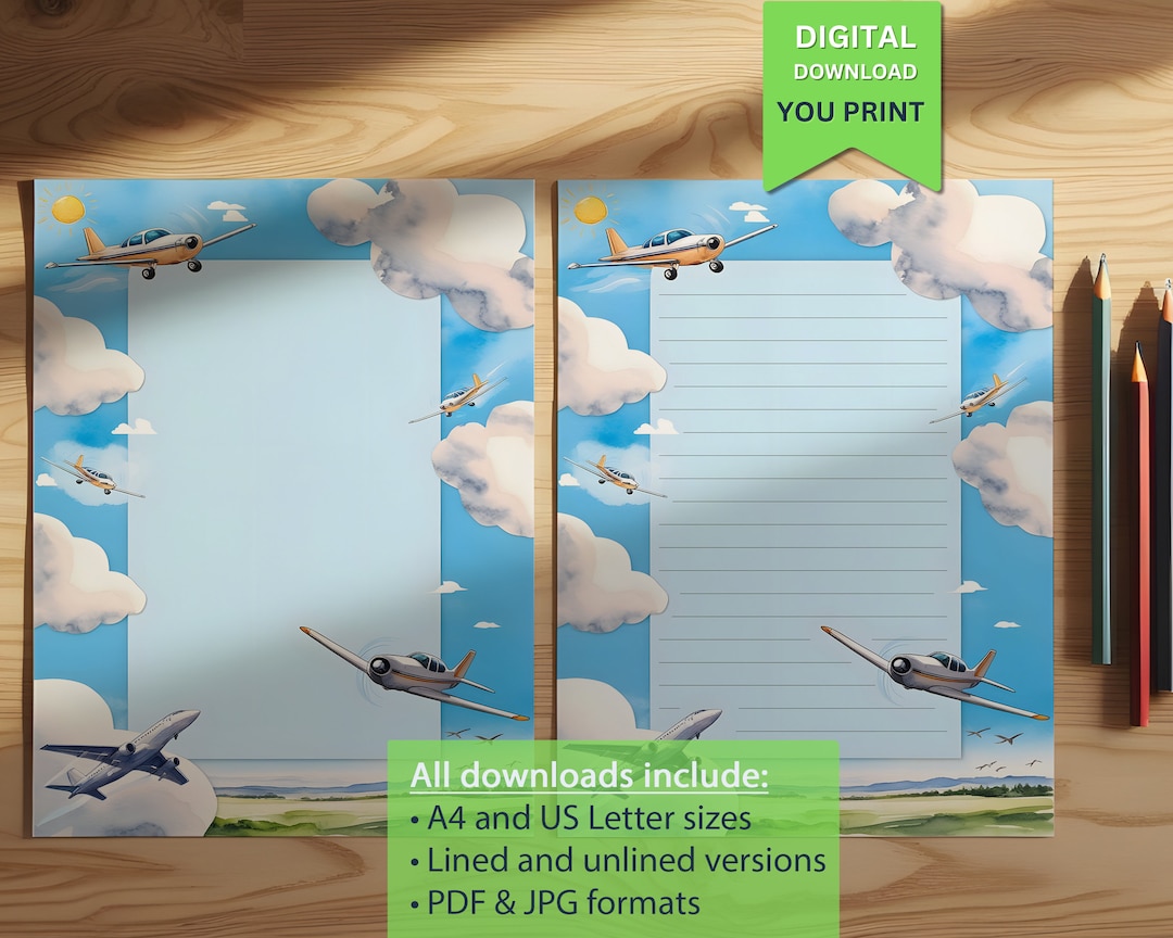 Airplane Coloring Page for Kids: Sky With Planes and Clouds (digital ...