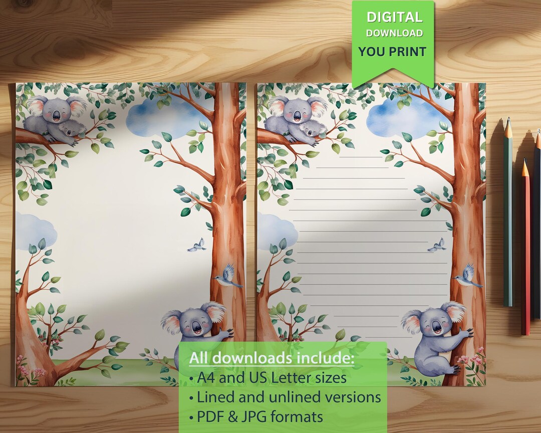 Koala-themed Printable Lined Paper for Kids Fun Animal Stationery for ...