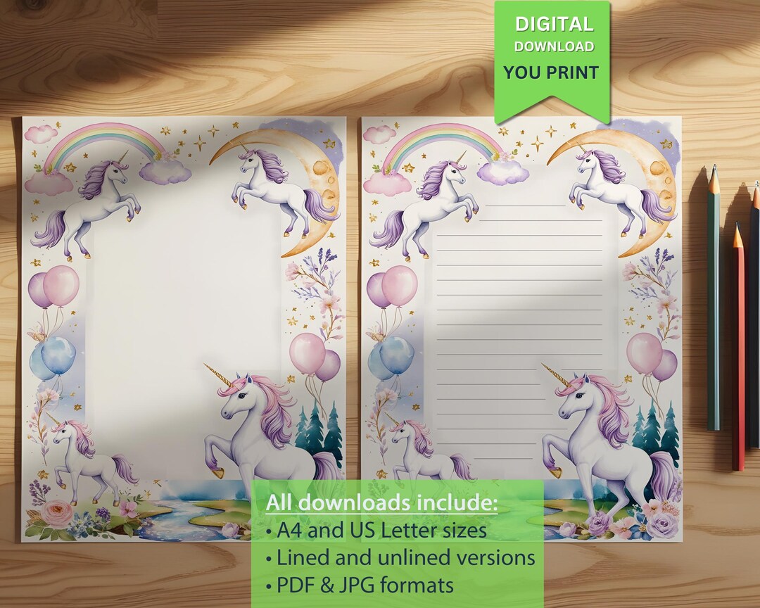 Printable Unicorn Stationery for Kids – Rainbow, Moon, and Balloon ...