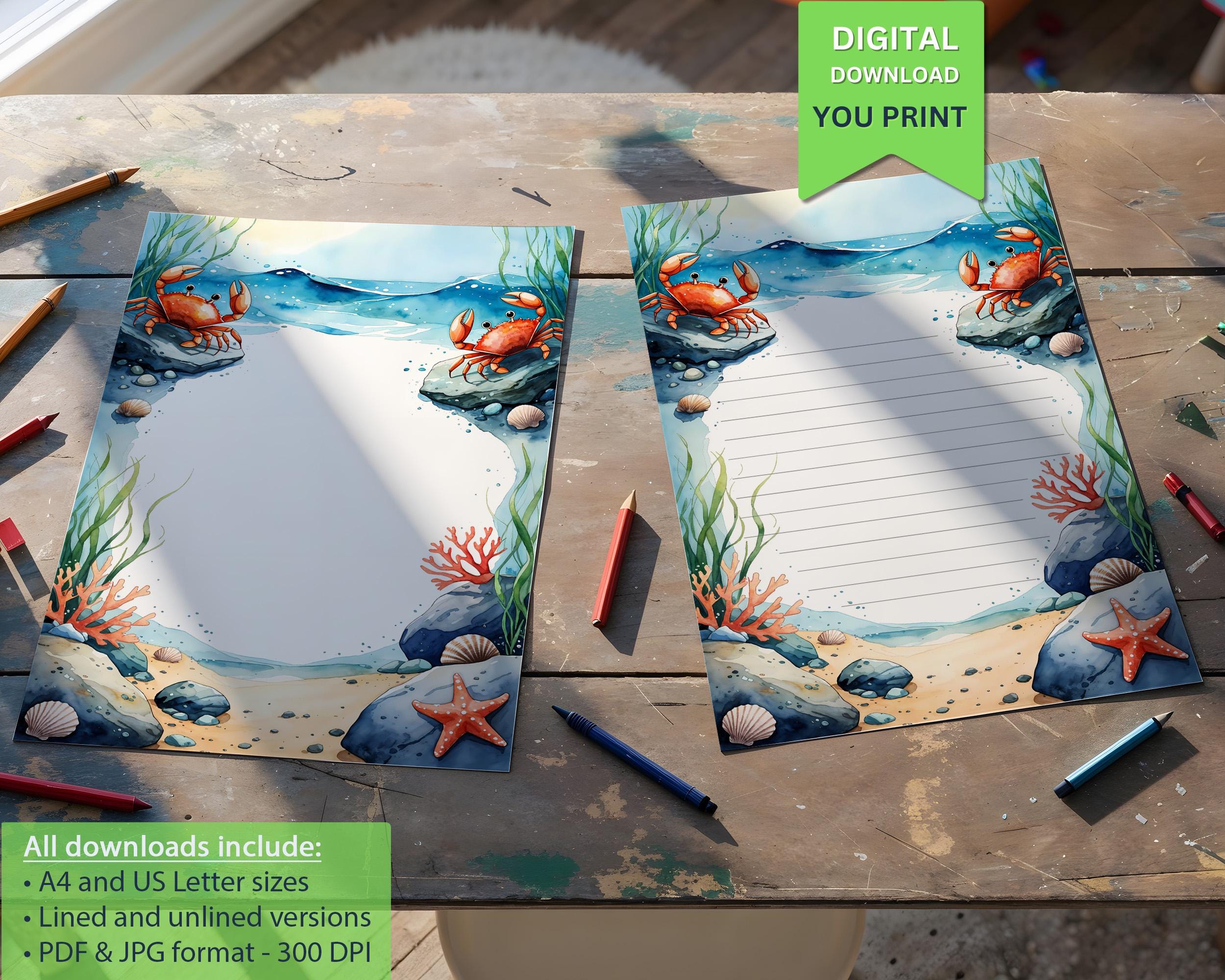 Printable Kids Writing Paper With Crabs and Ocean Theme, Underwater ...